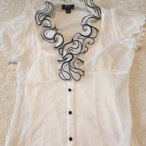 Bwear | Tops | Sheer White Ruffle Neck Blouse With Black Trim | Poshmark